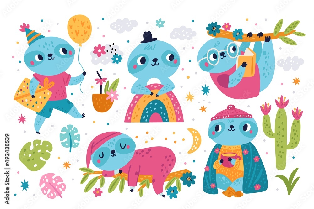 Sloth characters. Cute animals in different poses and activities. Funny ...