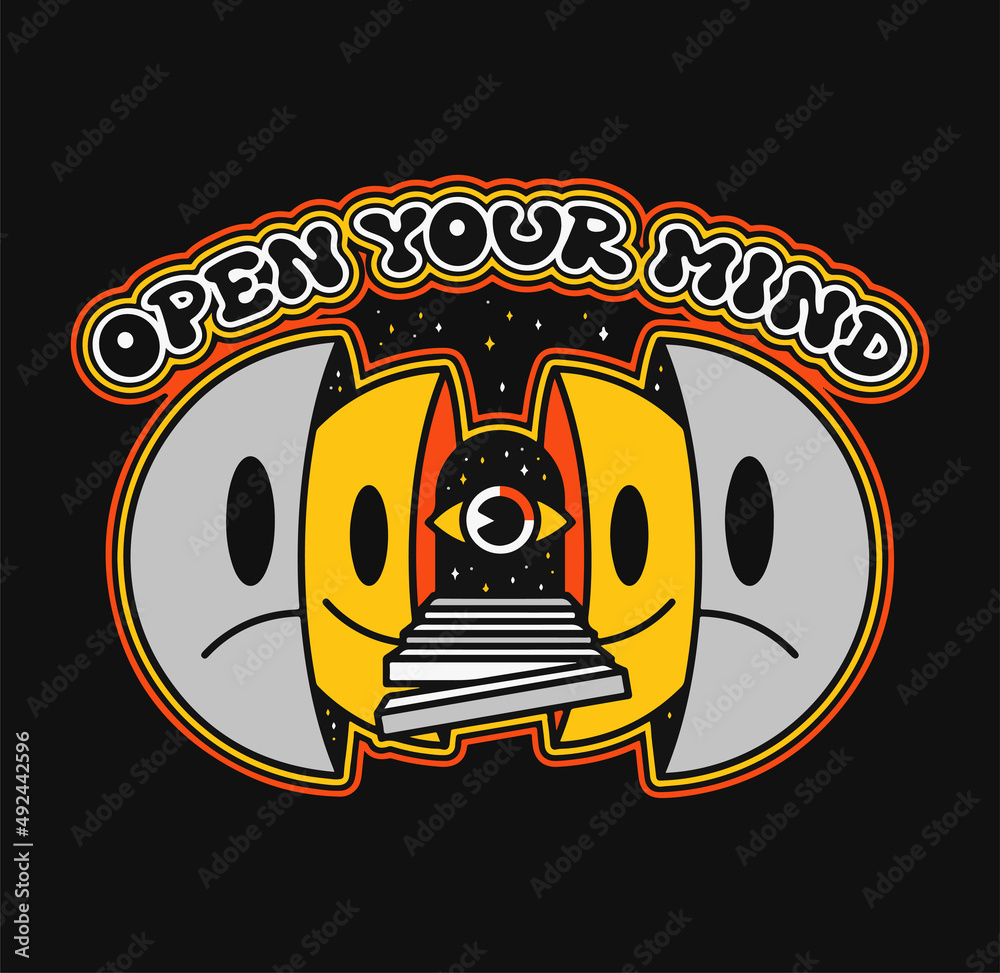 Sad face,smile emoji,third eye,door space inside art.Vector hand drawn ...