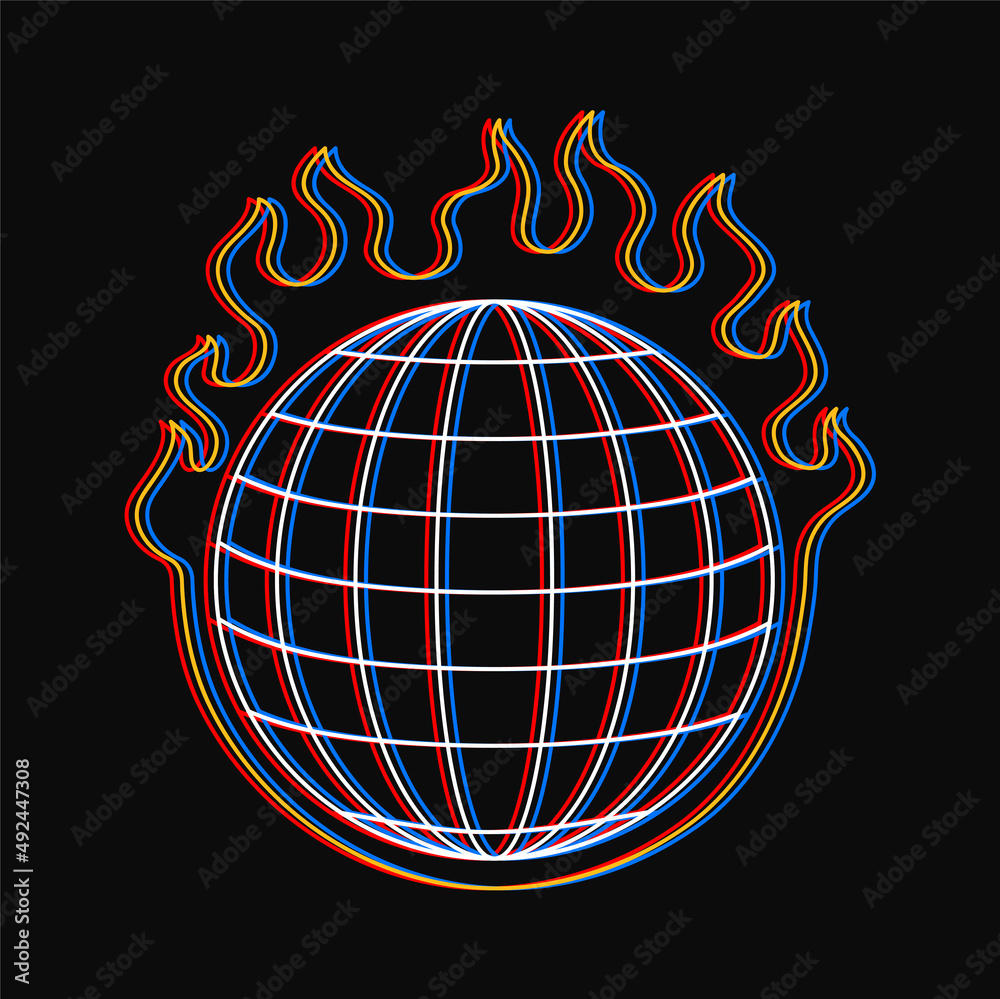 Globe earth sphere grid burn in fire t-shirt print. Vector hand drawn ...