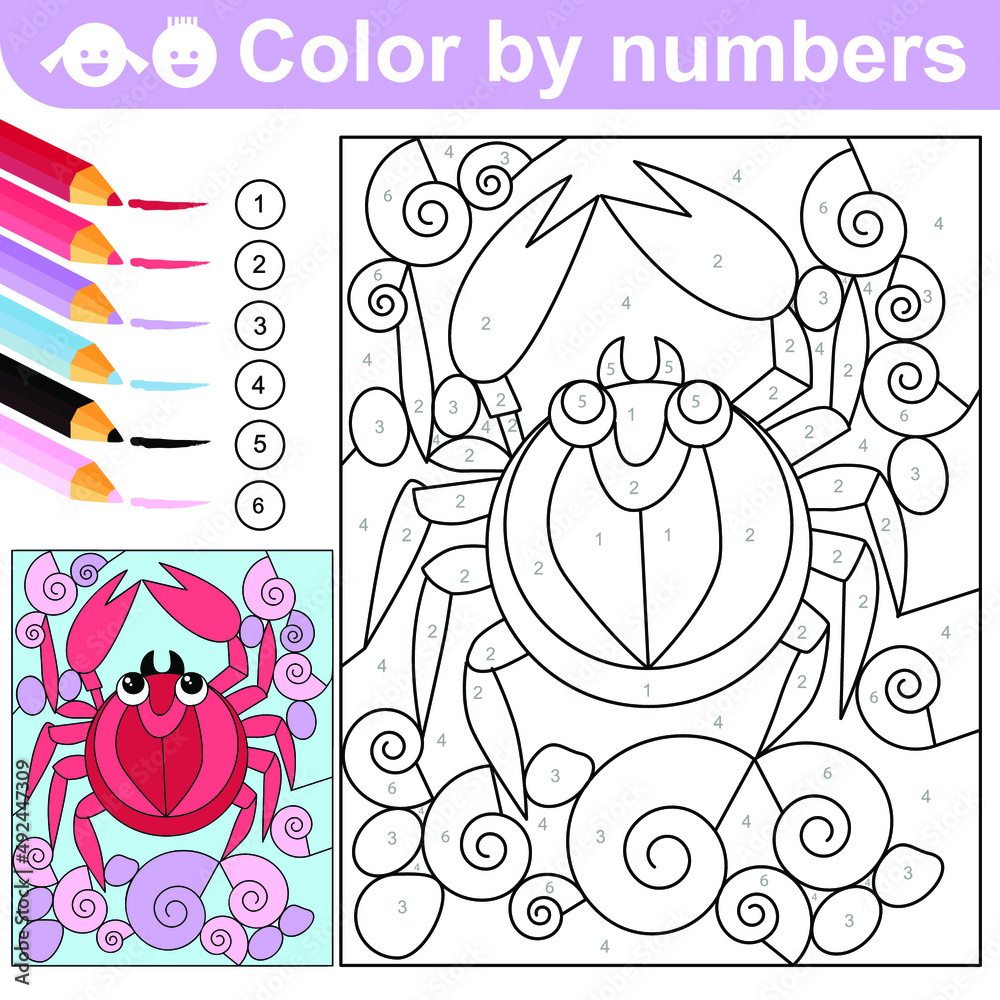 Fototapeta Color by Numbers. Crab in the sea. Coloring puzzle with ...