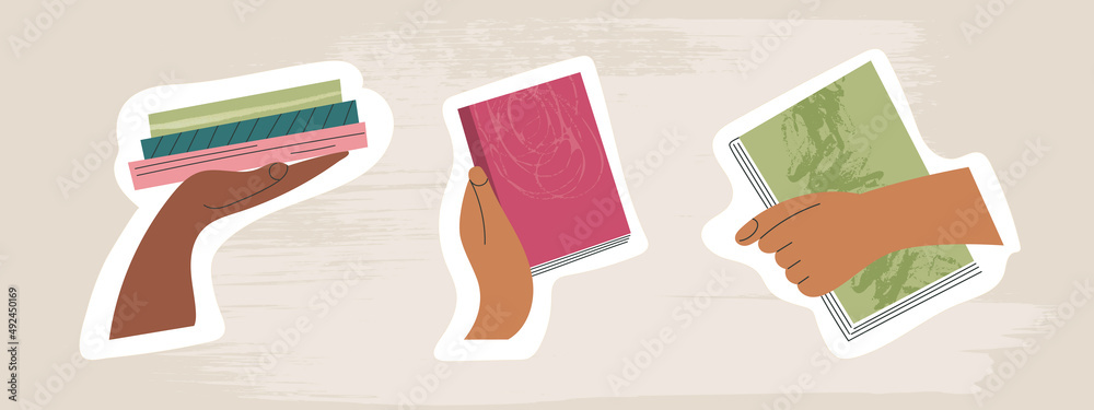 Set of hand giving book to exchange sharing, bookcrossing isolated flat ...