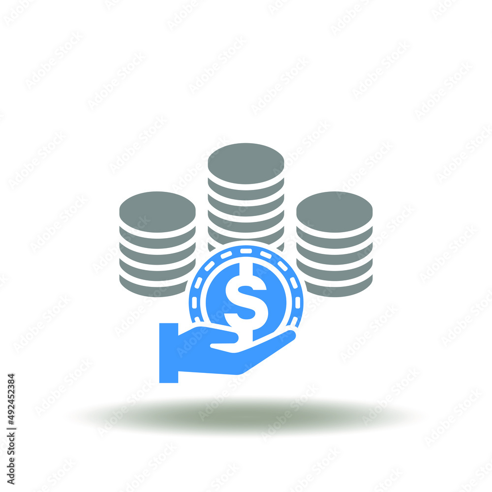 Vector illustration of coins pile pyramid and hand holding dollar coin ...