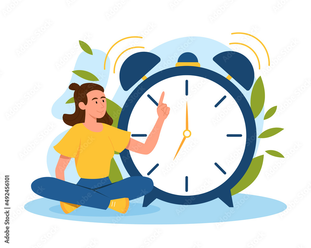 Girl with clock. Woman translates time, responsible character. Poster ...