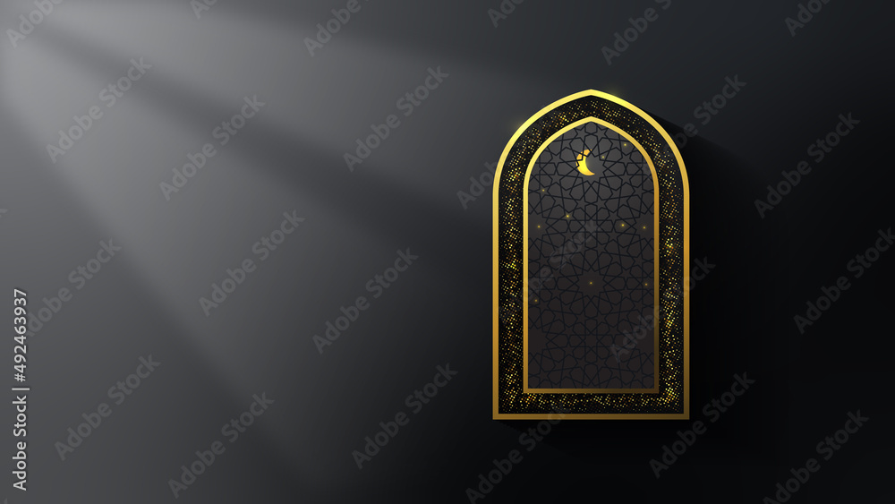 Islamic window background with bright light shining and gold glitter ...