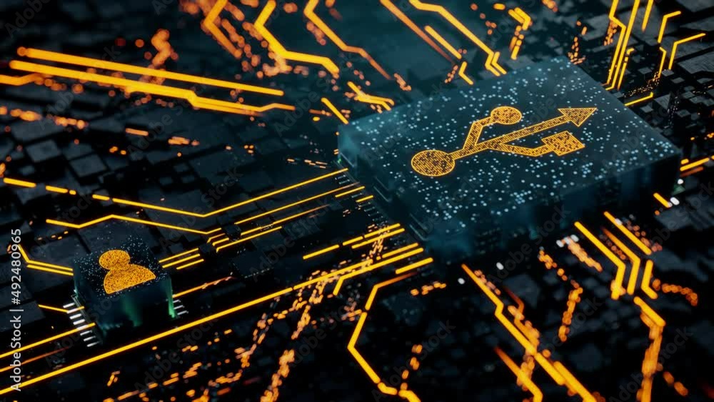 Interface Technology Concept with usb symbol on a Microchip. Orange ...