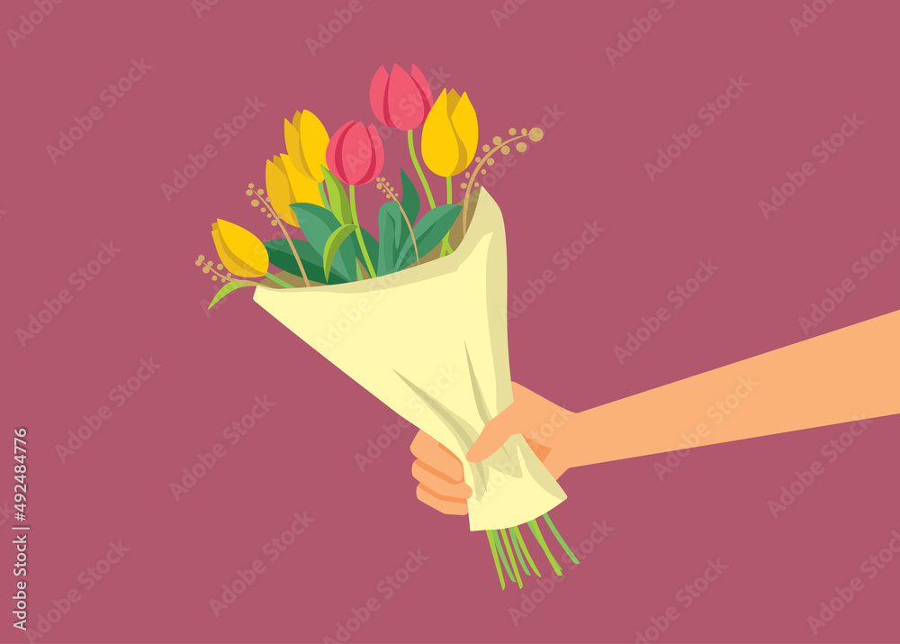 Hand Holding Beautiful Floral Bouquet Vector Cartoon Illustration Stock ...