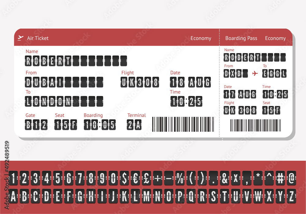 Airplane ticket mockup with scoreboard alphabet isolated on white ...