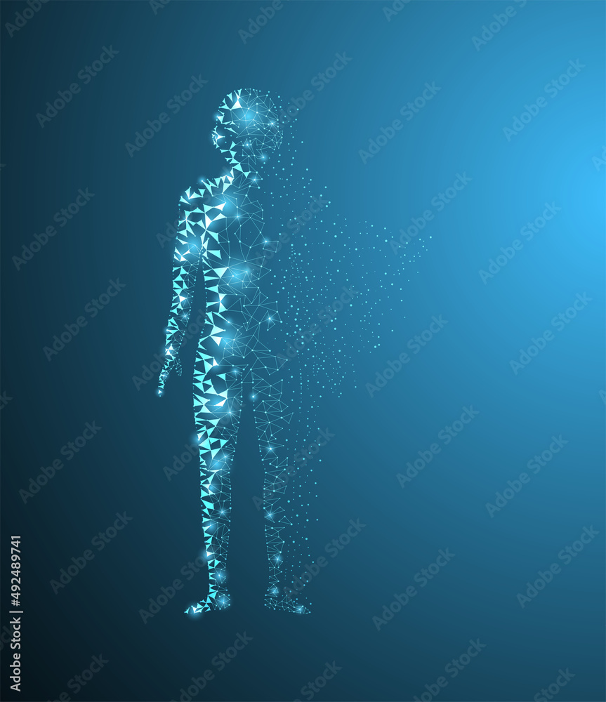 Concept of human body molecules, dissociation and fusion of atoms ...