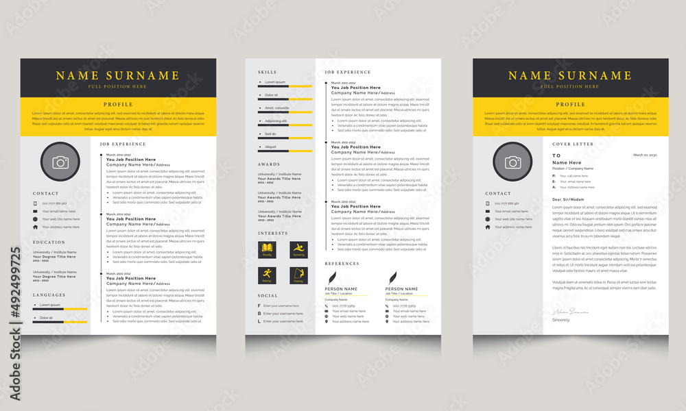 Resume Template with Resume and Cover Letter Layout Dark or Yellow ...