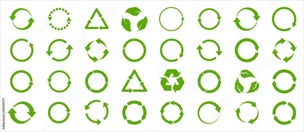 Green arrow recycle, icon set. Vector illustration. Flat design. Stock ...