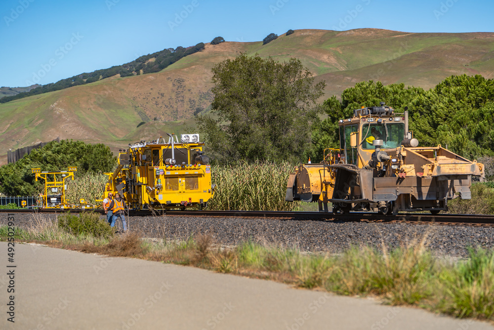 Railroad work train. Alignment of railway line. Harsco rail. Stock ...