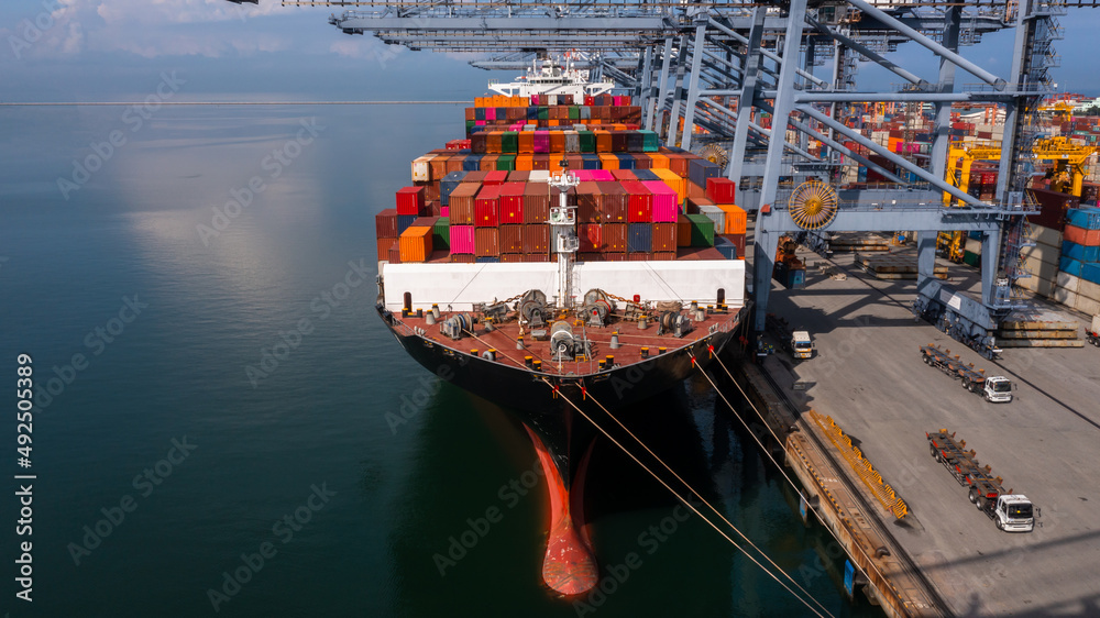 Container Ship at industrial port import export commercial trade ...