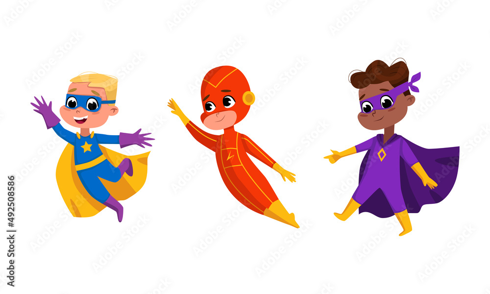 Happy kids superheroes set. Brave boys wearing colorful comics costumes ...