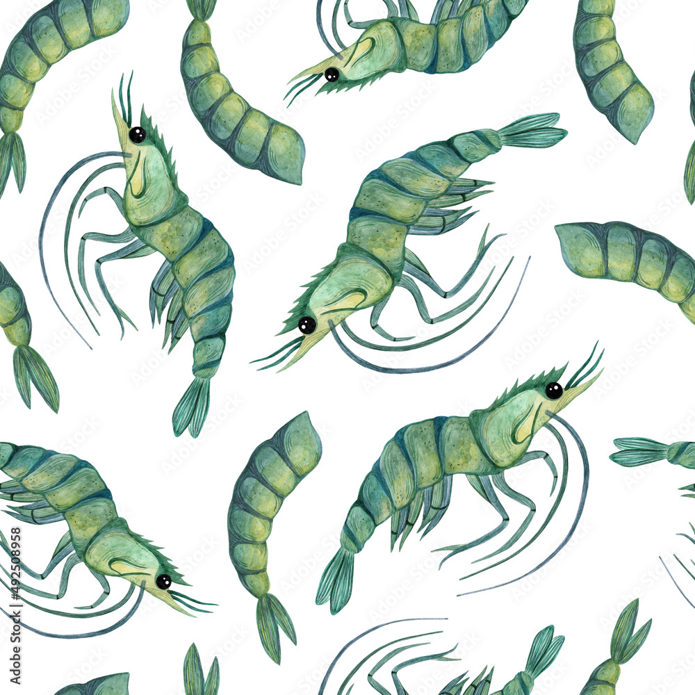 Raw shrimp seamless watercolor pattern. Hand-drawn illustration on ...