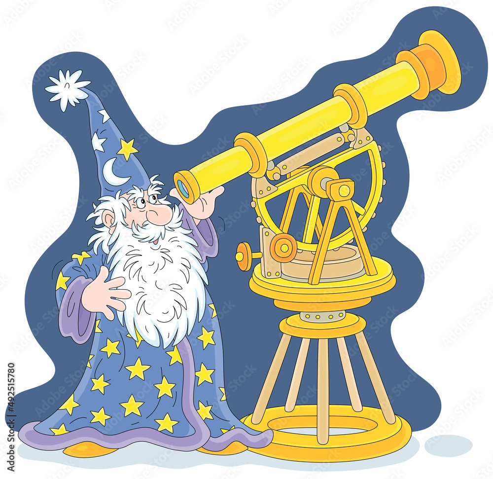Wizard astrologer and astronomer with a big white beard watching stars ...