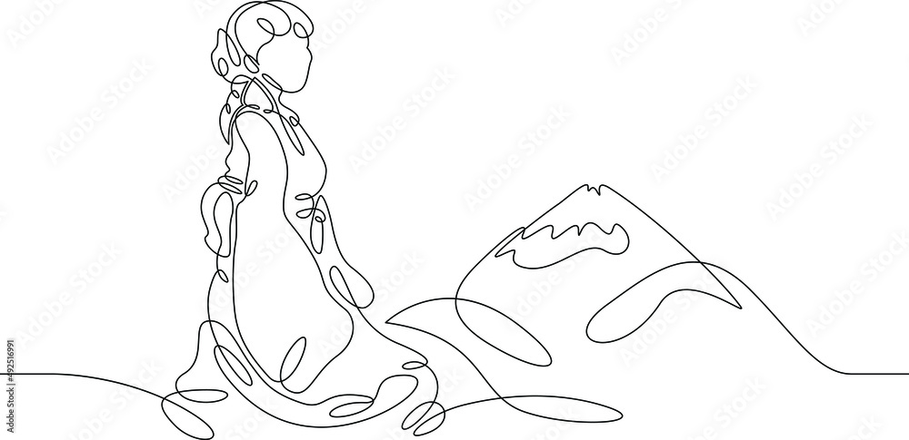 One continuous line.Japanese woman is sitting in national dress ...