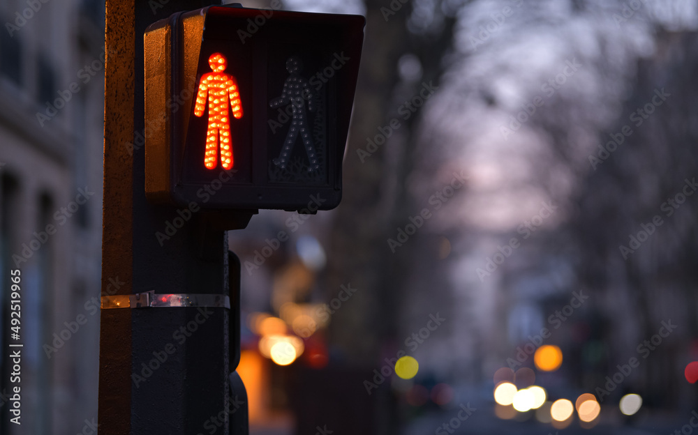 Pedestrian traffic red sign light showing to not cross the street. Road ...