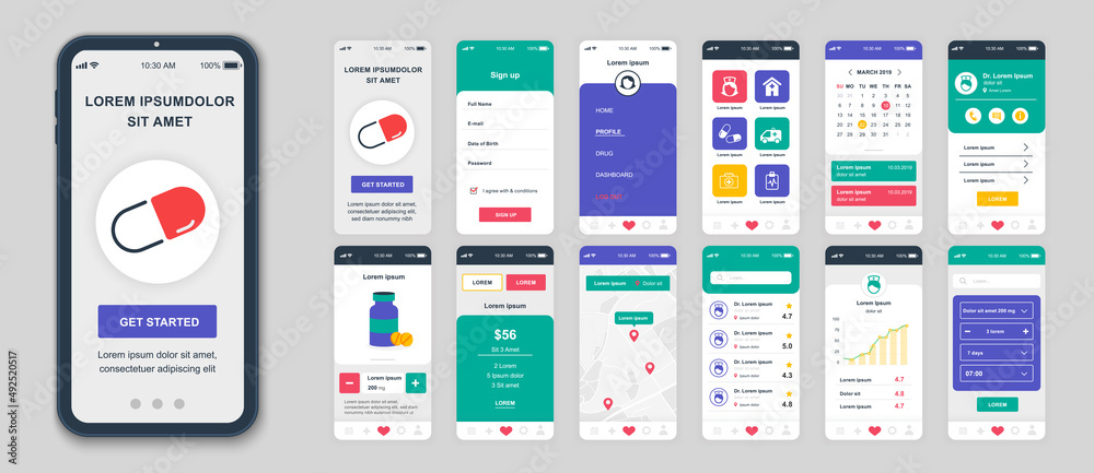 Set of UI, UX, GUI screens Medicine app flat design template for mobile ...