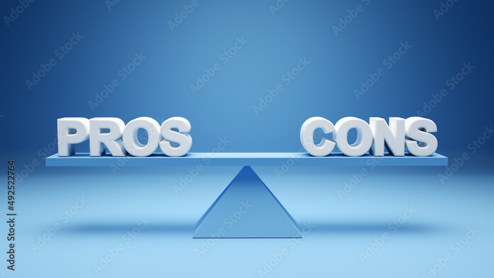 The words pros and cons balanced on a seesaw. Comparing positive ...