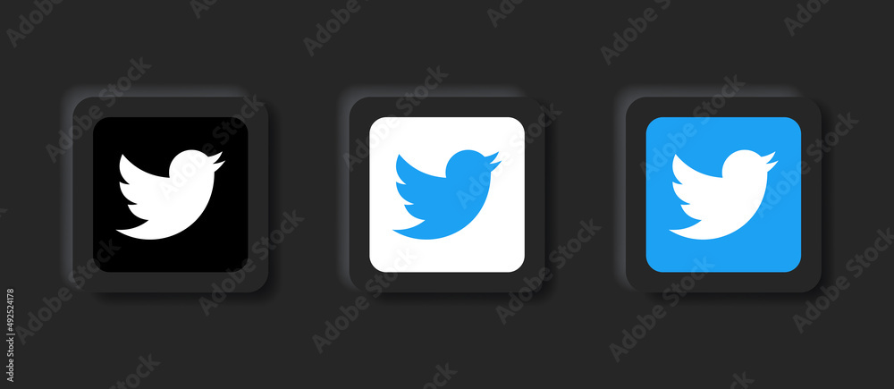 twitter logo icon in blue square button and black neumorphism buttons ...