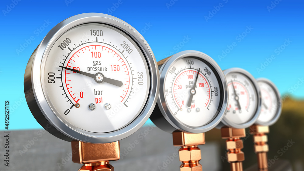 Row of high pressure gas gauge meters. Oil and gas fuel manometers. 3d ...