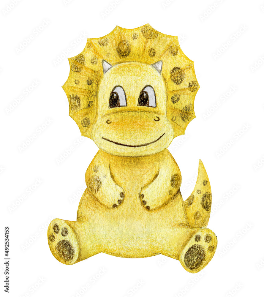 Cute baby sitting dinosaur. Watercolor hand drawn clipart element ...