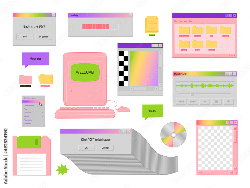 Set of retro user interface tabs, windows and massage icons. Old ...