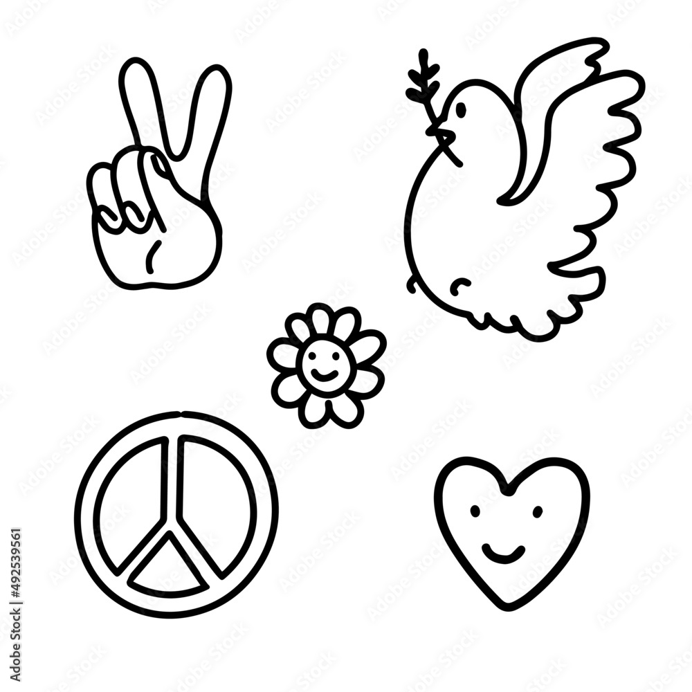 Peace signs outline elements. Symbols of freedom and goodness. Dove of ...