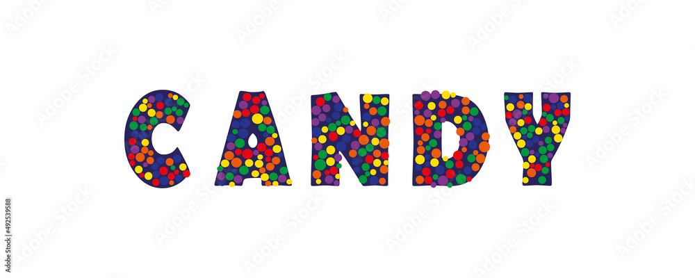 Lettering candy with multi-colored circles on an blue background ...