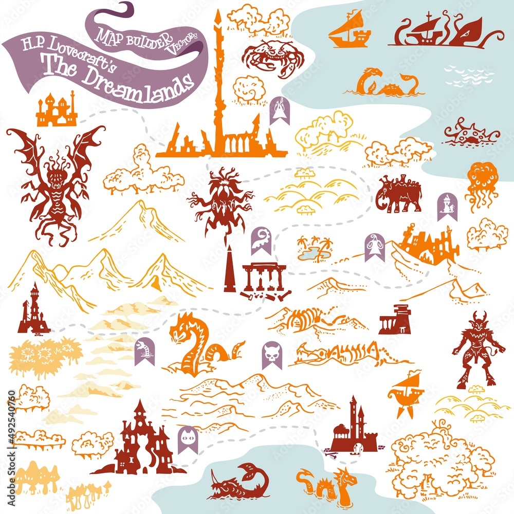 H.P. Lovecraft The Dreamlands fantasy map builder simple vector icon ...