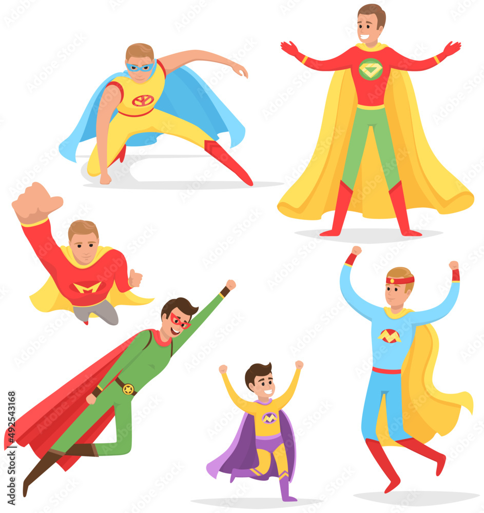 Strong super man team in colored costumes with cloaks, emblems masks ...