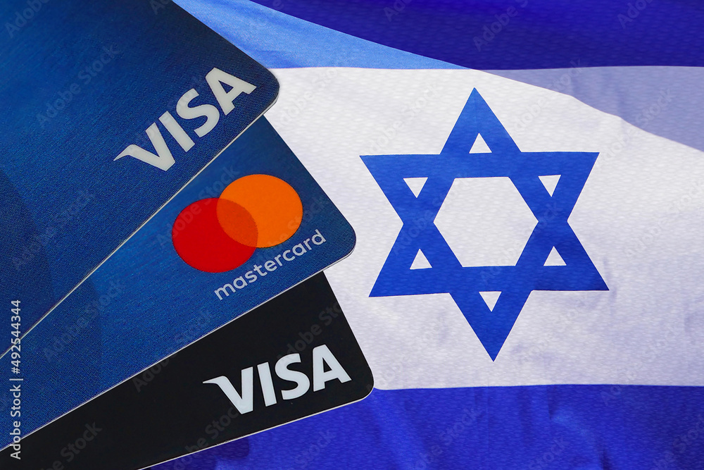 Visa Card, Mastercard, debit cards on Israel flag background. 10 March ...