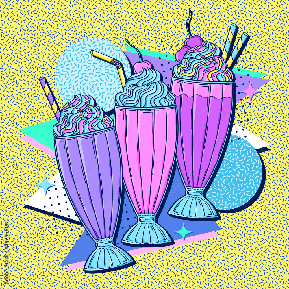 90s style milkshake poster. Retro sweet ice cream dessert pop art ...