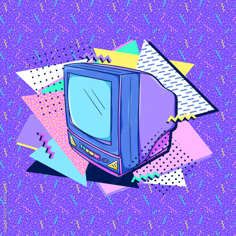 TV 90s style poster. Retro television. Retro color TV set. Movie night ...