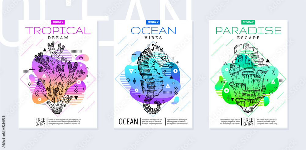 Tropical ocean posters with coral, sea horse, algae and color geometric ...