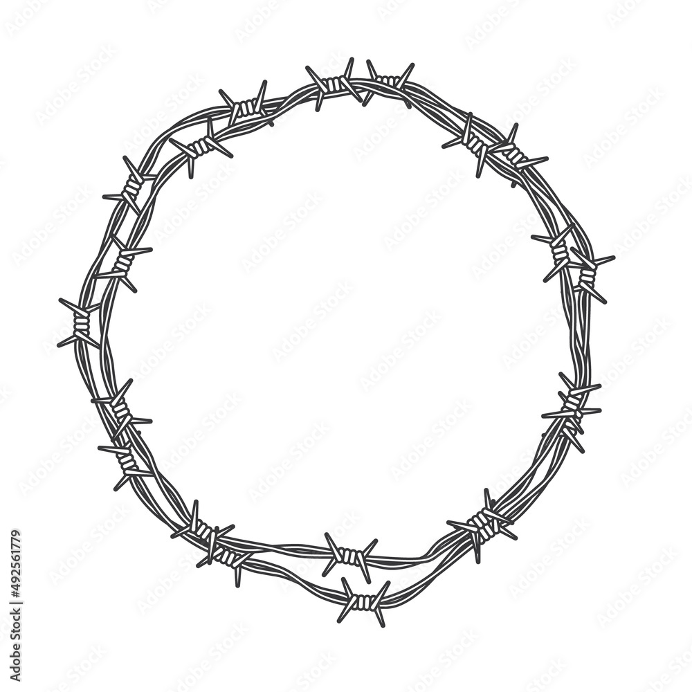 Vector black line barbed wire tangled in a circle. Isolated on white ...