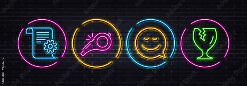 Technical documentation, Whistle and Smile minimal line icons. Neon laser 3d lights. Fragile ...