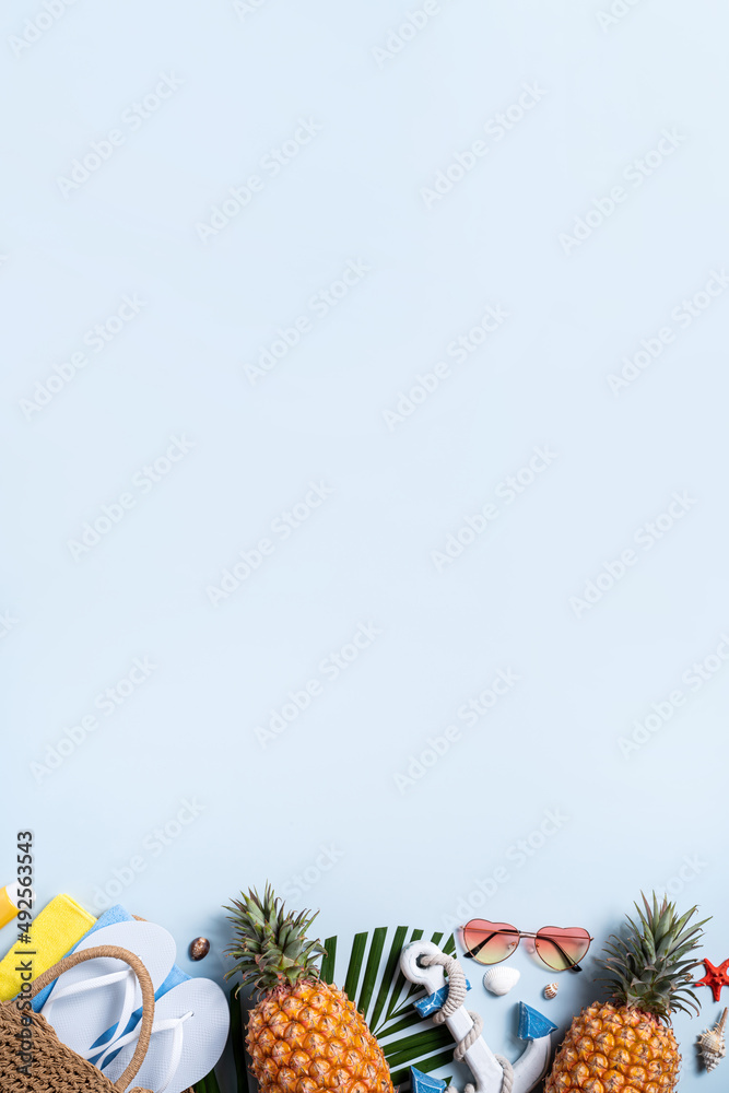 Summer fruit background design concept. Beach with shells, hat ...