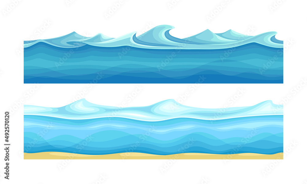 Ocean or sea water waves set. Horizontal seamless background with ...