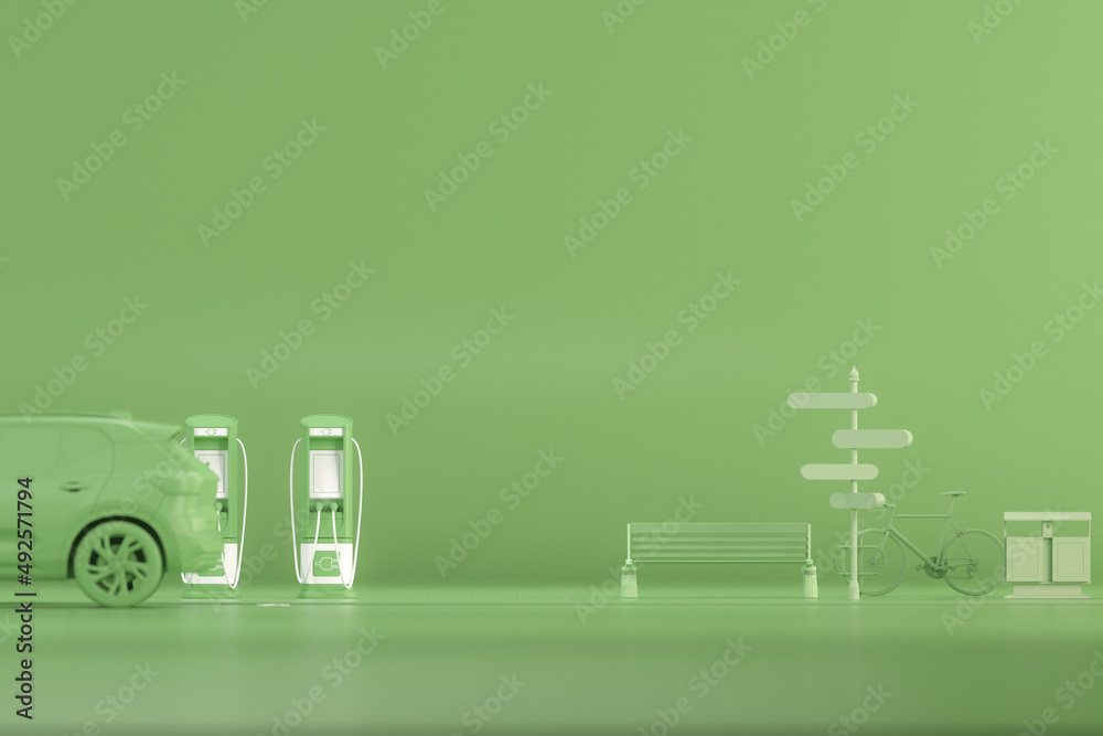 Electric car charging station on green background. Charging an electric ...