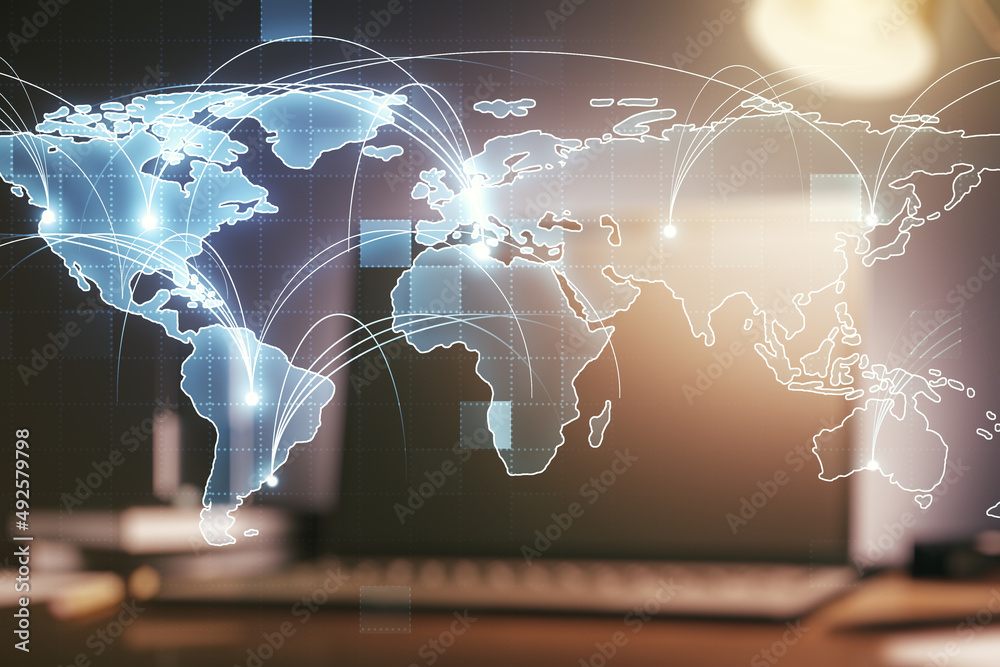 Abstract graphic digital world map with connections on modern computer ...