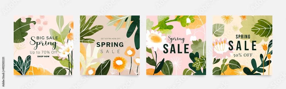 Spring season floral square cover template. Set of banner design with ...