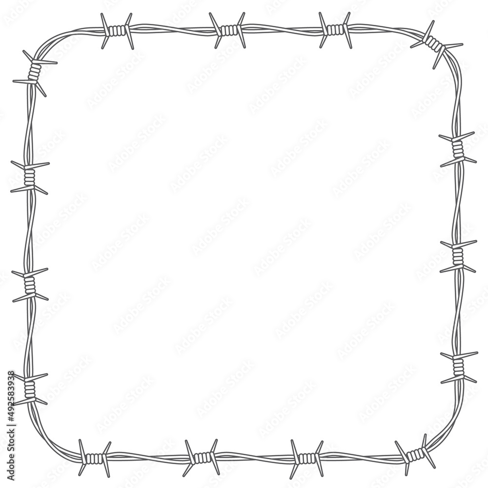 Vector black line barbed wire tangled in a square. Isolated on white ...