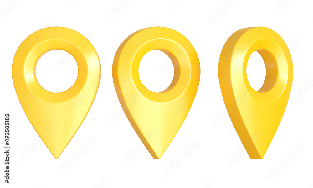 Realistic map pointer isolated on white background. Yellow map marker icon. 3d render 3d ...
