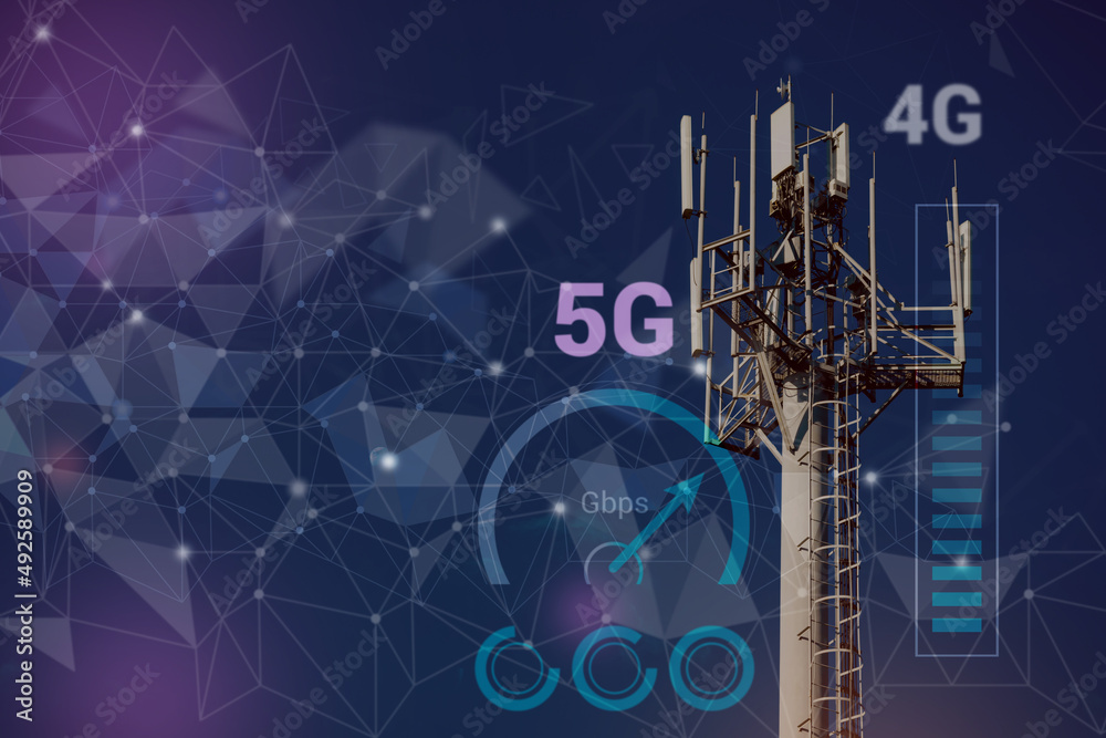 Telecommunications tower with 4G, 5G transmitters, cellular base ...