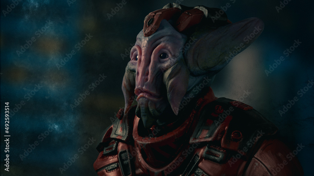 Blue skin alien creature with red metal armor in an abstract sci-fi ...