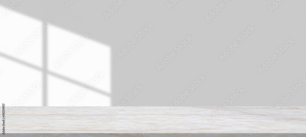 Marble table with window shadow drop on white wall background for ...