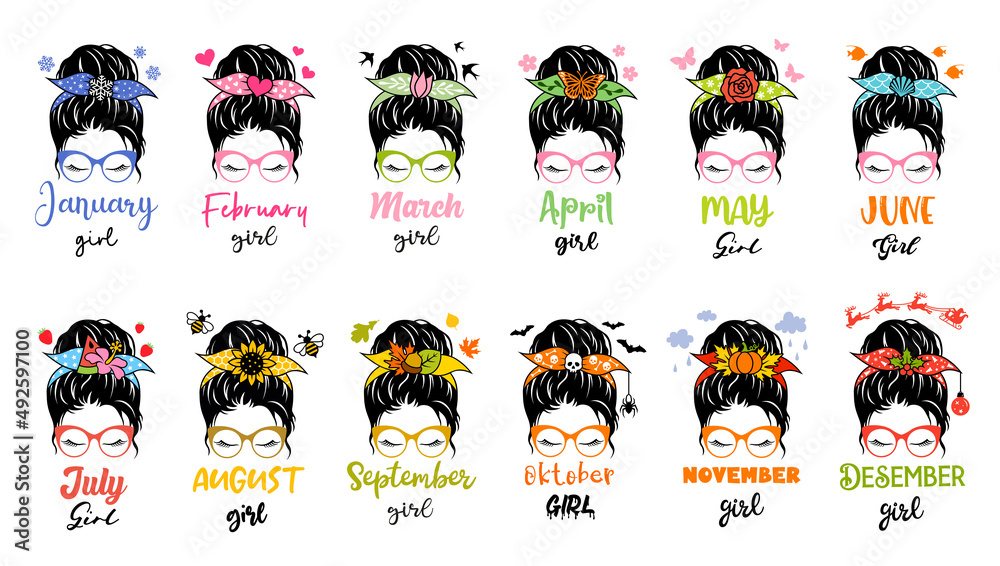 Girls born in different months of the year. Set of vector illustrations ...