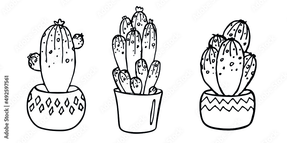 Set of cute hand drawn simple cactus. Houseplant in a pot clipart ...
