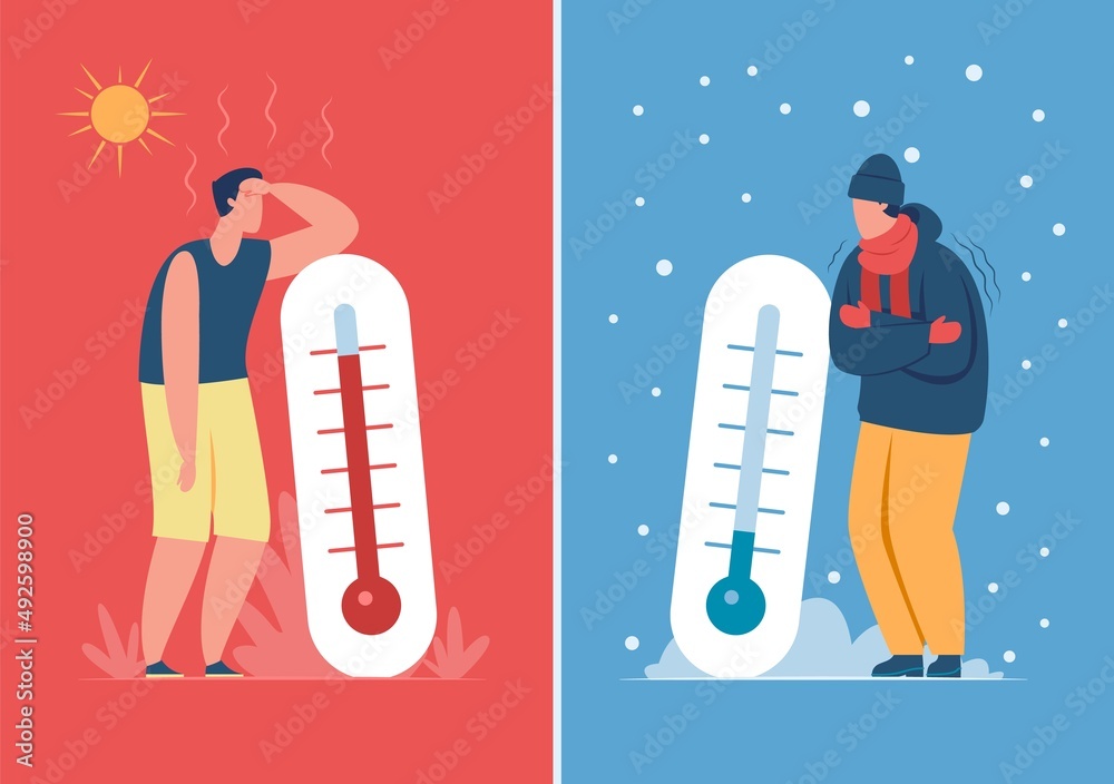 Male character in hot and cold weather with outdoor thermometer. Person ...